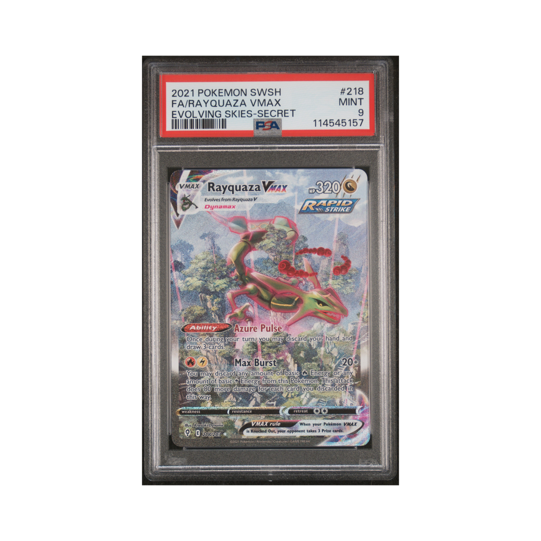 2021 Pokémon Sword & Shield Evolving Skies Rayquaza VMAX #218 PSA 9 – Pack Fresh